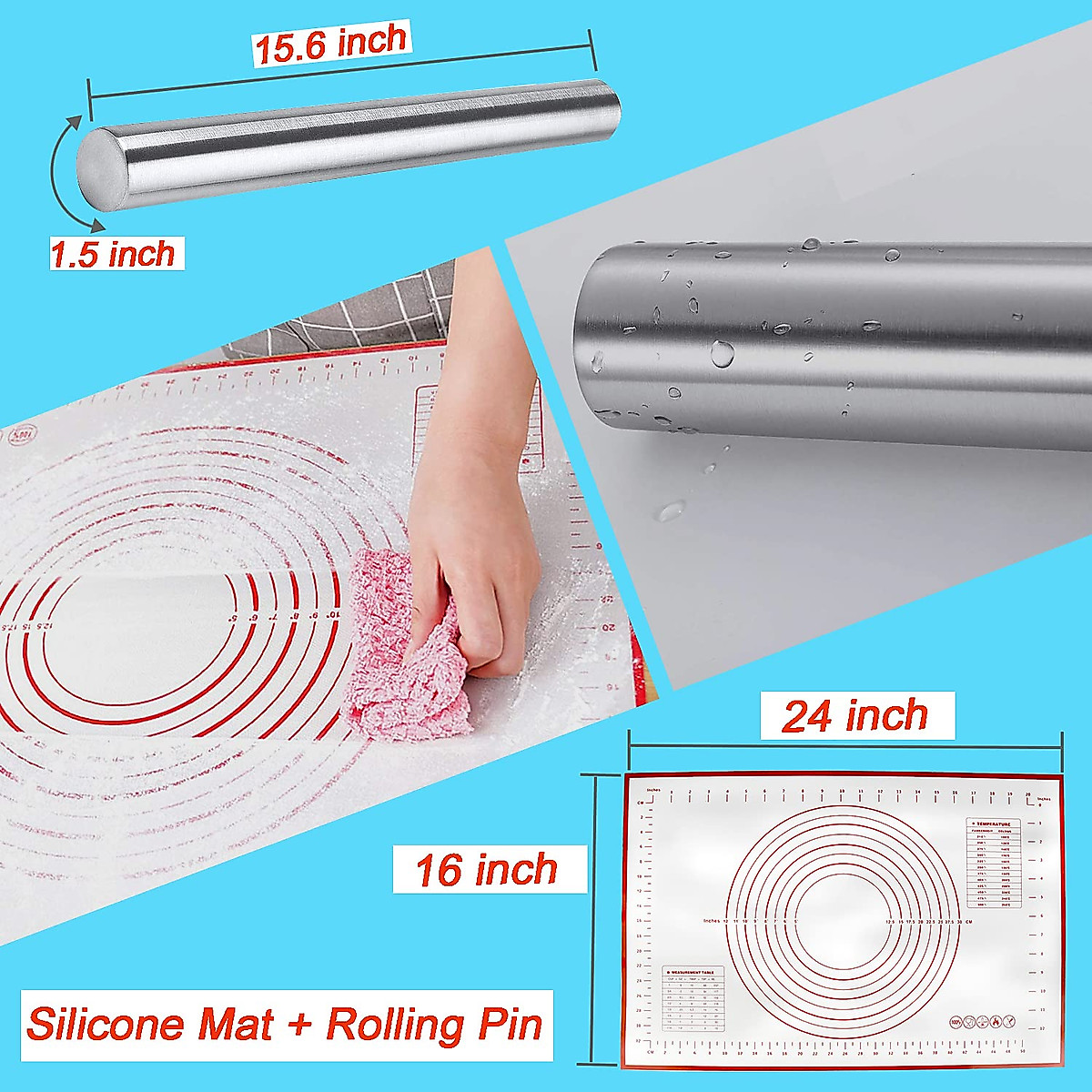 Baking Supplies - Silicone Spatulas Set, Rolling Pin, Pastry Mat, Silicone Baking Cups, Piping Bags and Tips, Measuring Cups and Spoons, Baking Set for Kids Teens Adult Beginner