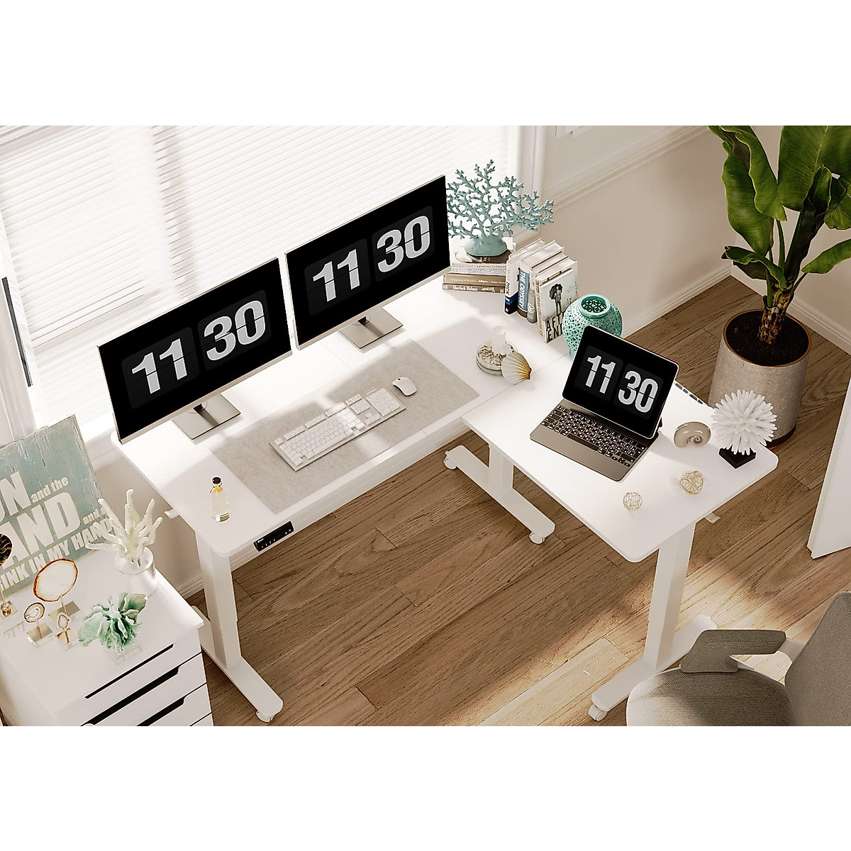 Claiks Triple Motor L Shaped Standing Desk, 63 x 55 inch Corner Stand Up Desk, Adjustable Height Desk with Splice Board, White Frame/White Top