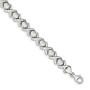 Solid 925 Sterling Silver Polished and Satin X AND O XOXO Bracelet - with Secure Lobster Lock Clasp 7"