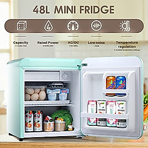 Kismile Retro Mini Fridge with Freezer, 1.7 cu. ft. small Refrigerator with Removable Shelves, Mechanical Control, Recessed Handle, Small Fridge for bedroom, Office, Apartment(Green)
