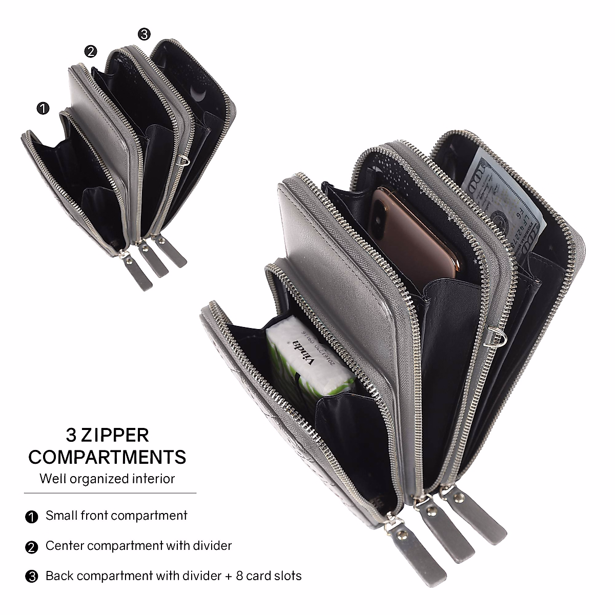 Emperia Mia Lightweight Triple Compartment Small Quilted Leather Phone Purse Crossbody Shoulder Bag for Women Grey2