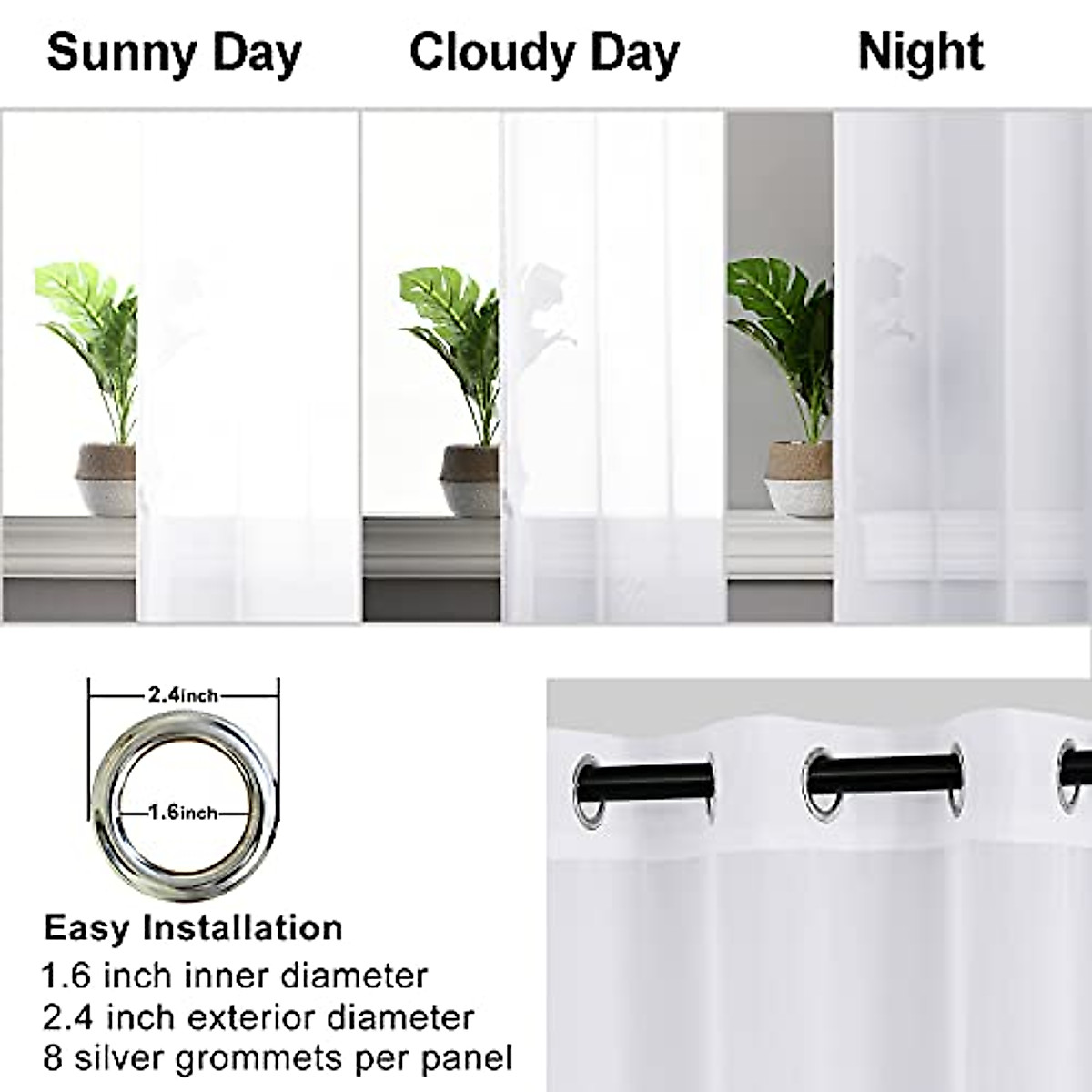 Hiasan White Sheer Curtains for Bedroom with Tiebacks, Lightweight Airy Breathable Voile Drapes Light Filtering Grommet Window Curtains for Living Room, Nursery, Farmhouse, W52 x L63, 2 Soft Panels