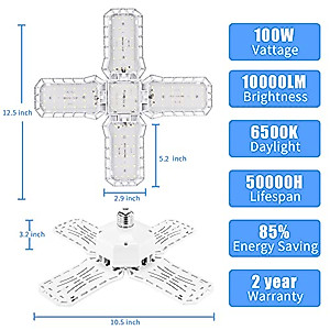 Mutois LED Garage Light, 2-Pack Garage Lights Ceiling LED Shop Light 100W Deformable Garage Lights Bulb E26/E27 6500K LED Garage Lighting, Garage Lights for Garage Workshop Basement Warehouse Barn
