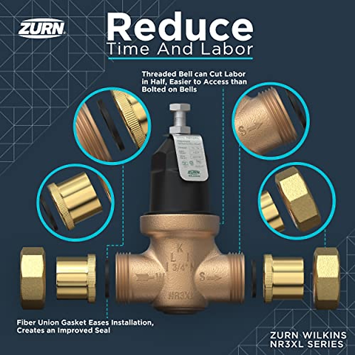 Zurn Wilkins 34-NR3XLDU 3/4" NR3XL Pressure Reducing Valve with Double Union FNPT Connection