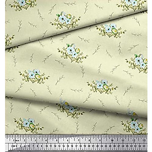 Soimoi Yellow Cotton Canvas Fabric Leaves & Anemone Floral Fabric Prints by Yard 44 Inch Wide