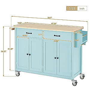 Kitchen Island Cart with Spacious Tabletop and Locking Wheels, 54.3" Large Kitchen Trolley Cart with 4 Door Cabinet and Two Storage Drawers Spice Rack Towel Rack Rolling Kitchen Island Cart Mint Green