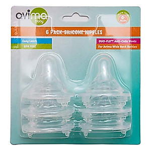 Avima Baby Silicone Nipples for Wide Neck Bottles, Slow Flow 0-6 Months (Set of 6)