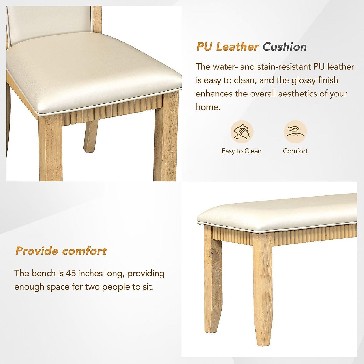 KLMM Rustic Solid Wood 6-Piece Dining Table Set with PU Leather Upholstered Chairs and Bench,for DiningRoom LivingRoom Kitchen Use (Natural Wood Wash@PU Leather)