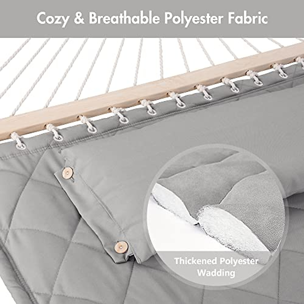 ANOW Heavy Duty Hammock with Spreader Bars and Detachable Pillow, 2 Person Hammock for Outdoors Indoors, 450 LBS Weight Capacity, Light Gray