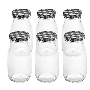French Countryside 6 Ounce Glass Bottles, 10 Durable Juice Bottles - With Black Plaid Lid, Dishwashable, Clear Glass Countryside Bottles, For Hot And Cold Beverages - Restaurantware