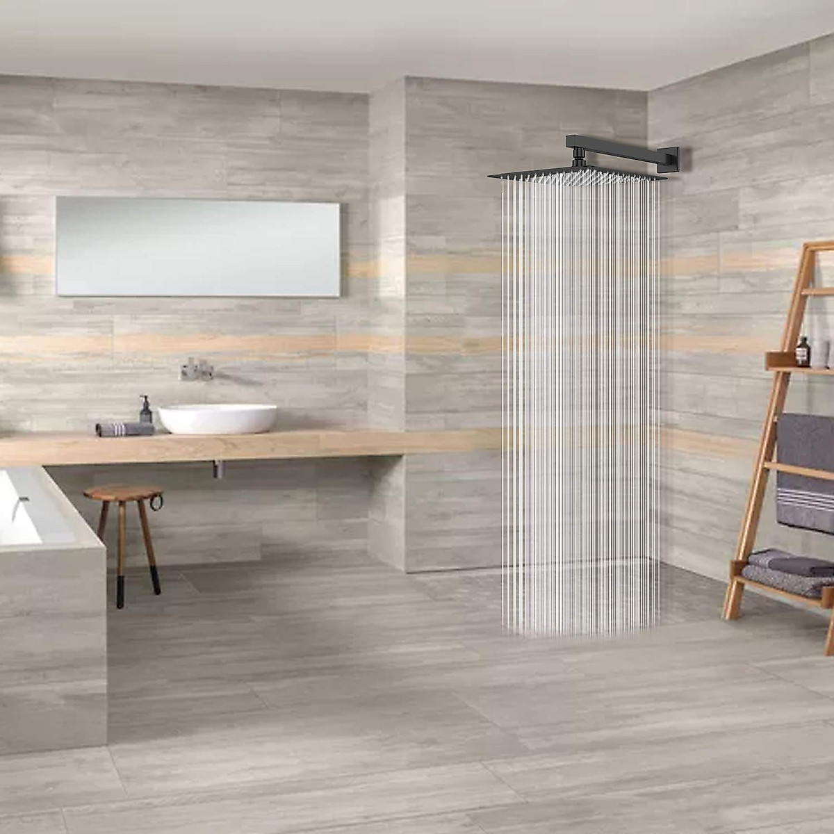 High Pressure Shower Head GGStudy Square Black Shower Head 16 Inch Large Stainless Steel Shower Heads Ultra Thin Rainfall Bath Shower 1/2 Connection