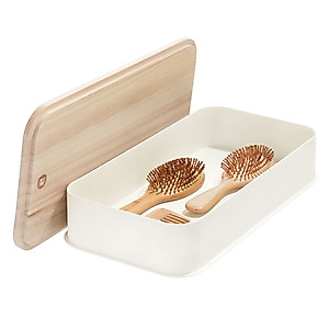 iDesign Recycled Plastic Medium Storage Bin with Paulownia Wood Lid, 8.4" x 16.9" x 3", Coconut