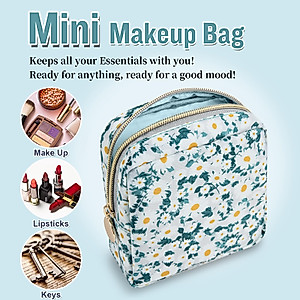 Nylon Mini Floral Makeup Bag for Purse, Small Cute Travel Makeup Bag Preppy Flower Cosmetic Zipper Pouch, Waterproof Coin Pouch Sanitary Napkin Storage Bag Make Up Organizer Set for Women(Green-Daisy)