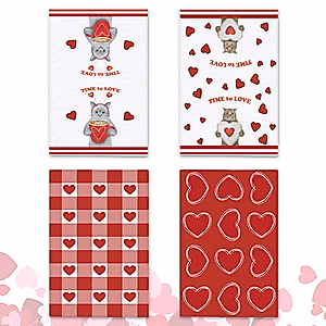 ABTOLS Valentine Kitchen Towel 4 Pieces Valentine's Day Heart Towels Red Love Cat Valentine Dish Towels Romantic Heart Kitchen Towel Soft Heart Dish Towels Kitchen Tea Towels for Home Kitchen