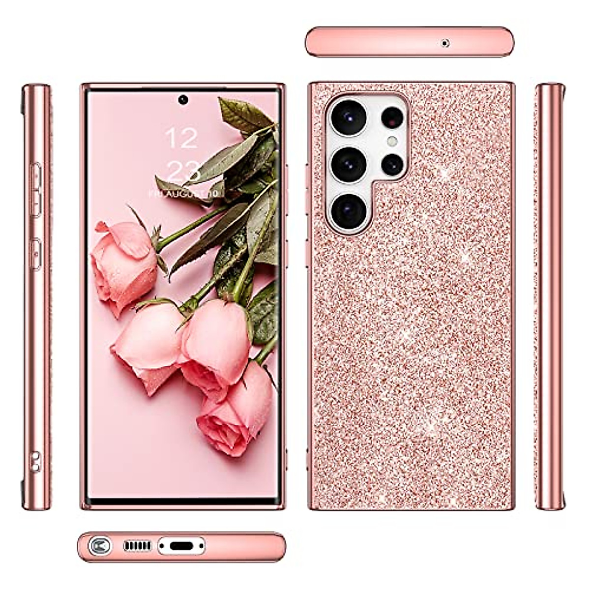 YINLAI Case for Samsung Galaxy S23 Ultra Case, 6.8 Inch Glitter Bling Sparkly Shiny Slim Women Girls Hybrid Soft Smooth Shockproof Protective Girly Phone Cases Cover, Rose Gold/Pink