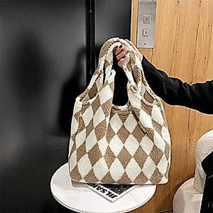 ESHMei Women's Plaid Plush Underarm Bag Large Capacity Fluffy Shoulder Bag Women Furry Plush Tote Handbag, Khaki