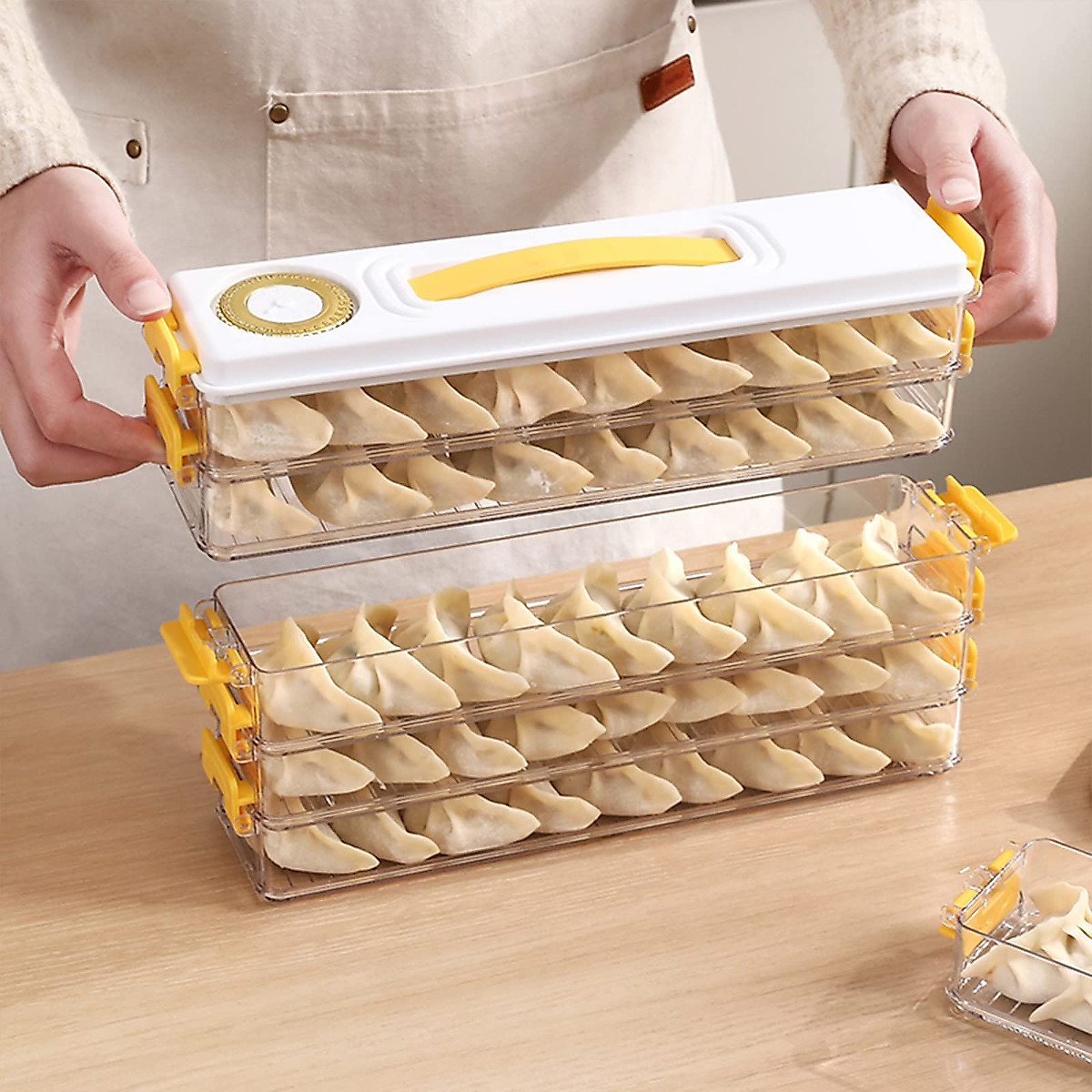Dumpling Box Refrigerator Organizer Stackable Storage with Lids and Handle, Portable Multi Layer Quick Frozen Food Storage Container for Kitchen Fridge(4 Layer)