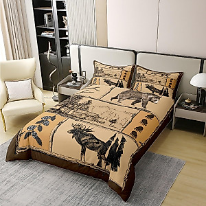 jejeloiu Bear Bedding 100% Cotton Set Rustic Farmhouse Cabin Moose Duvet Cover 100% Cotton Retro Wildlife Cover for Children Bedroom Decor Vintage Bear Paw Duvet Set King Size Zipper with Pillow Case