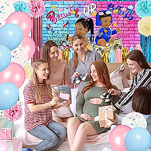 Gender Reveal Decorations,Gender Reveal Party Supplies,Beauty and Beats Reveal Backdrop Sign for Navy and Blush Baby Shower Party Supplies