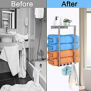 JIAPAIDUO Towel Storage for Bathroom, 15 Inch Wall Mounted Towel Rack, Wall Towel Holder for Rolled Towels, Wall Towel Storage with 4 Hooks for Small Bathroom, Rolled Towel Rack, Brushed Nickel