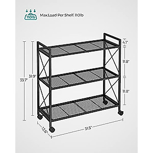 SONGMICS 3-Tier Metal Storage Rack with Wheels, Mesh Shelving Unit with X Side Frames, 31.5-Inch Width, for Entryway, Kitchen, Living Room, Bathroom, Industrial Style, Black UBSC183B01