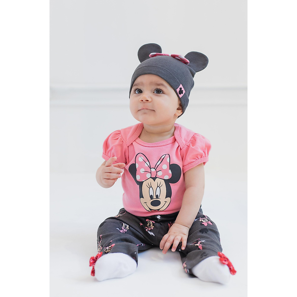 Disney Minnie Mouse Newborn Baby Girls Bodysuit Pants and Hat 3 Piece Outfit Set 3-6 Months