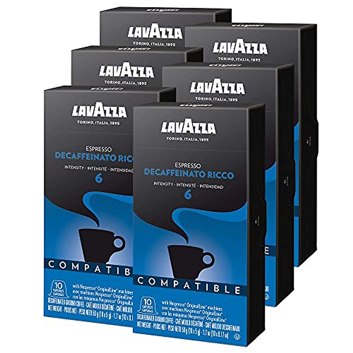 Lavazza Decaffeinato Ricco Espresso Dark Roast Capsules Compatible with Nespresso Original Machines Blended and roasted in Italy, Decaffeinated with sweet, Rich flavor, 10 Count (Pack of 6)