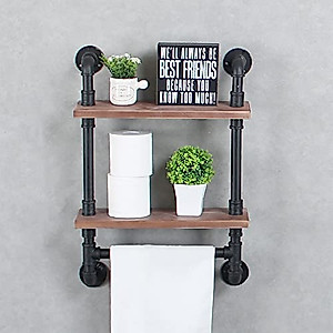 Industrial Pipe Shelving Bathroom Shelves Wall Mounted, 2-Layer 24in Rustic Wood Shelf with Towel Bar,Farmhouse Towel Rack Metal Floating Shelves Towel Holder (TypeA, Black)