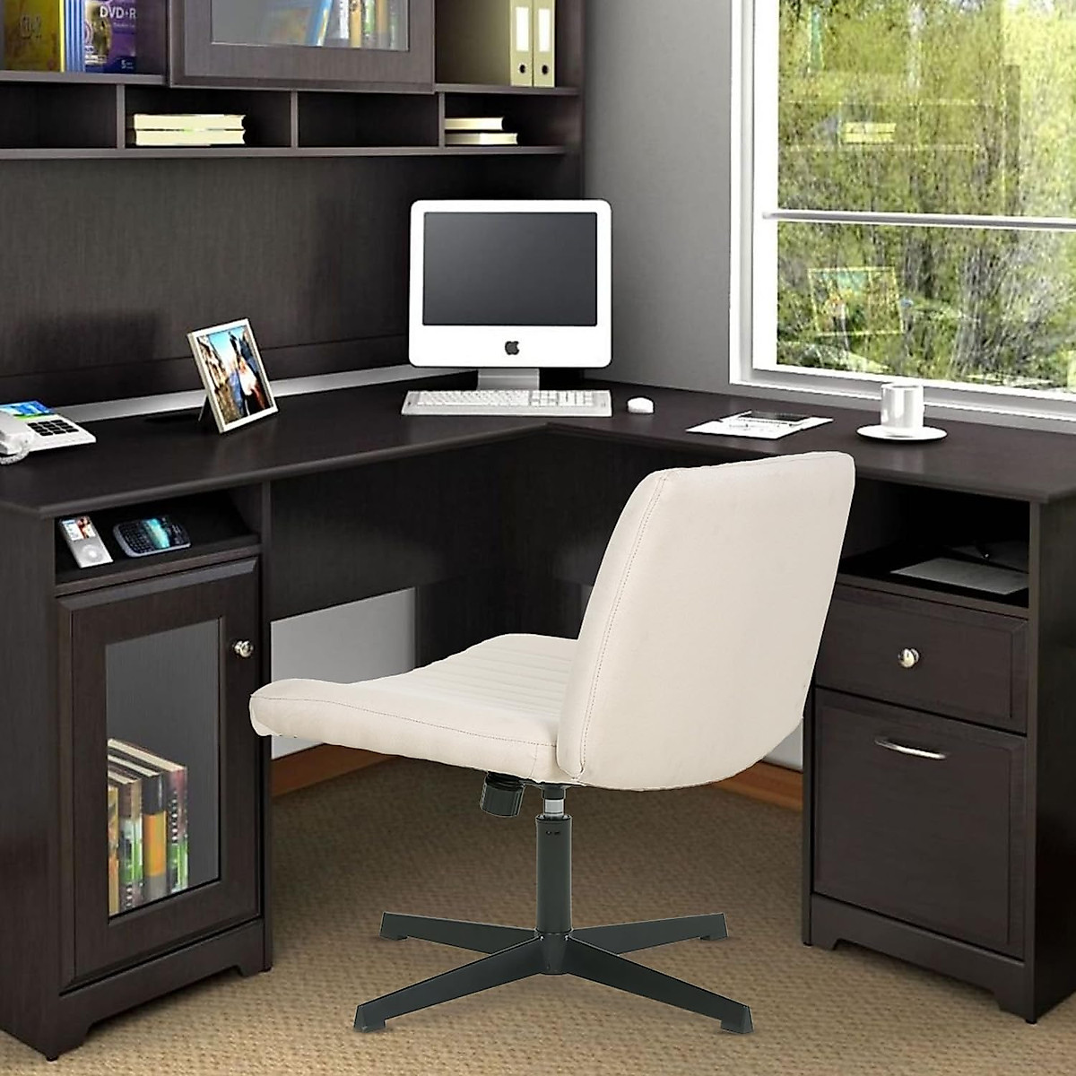 BestOffice Criss Cross Chair Comfy Armless Cross Legged Office Chair No Wheels Desk Chair Wide Adjustable Swivel Computer Task Vanity Chair for Reading, Computer Gaming, Home Office, Vanity (Beige)