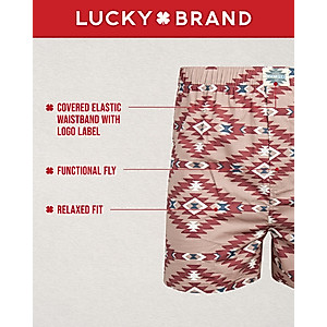 Lucky Brand Men's Boxer Shorts - 3 Pack Classic Cotton Woven Boxers for Men With Functional Fly, Relaxed Fit, Size Small, Plaid/Black Print/Red