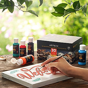 ARTEZA Outdoor Acrylic Paint Set, 20 Colors, 2 ounce Bottles, Multi-Surface Paints for Rock, Wood, Fabric, Leather, Paper, Canvas and Wall Painting