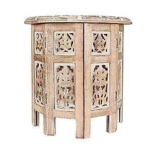 Solid Wood Hand Carved Accent Table, Side Table, entryway Table, Wooden end Table, Bedside Table, Octagonal Wooden Table - 18 Inch Round Top x 18 Inch High - White Wash