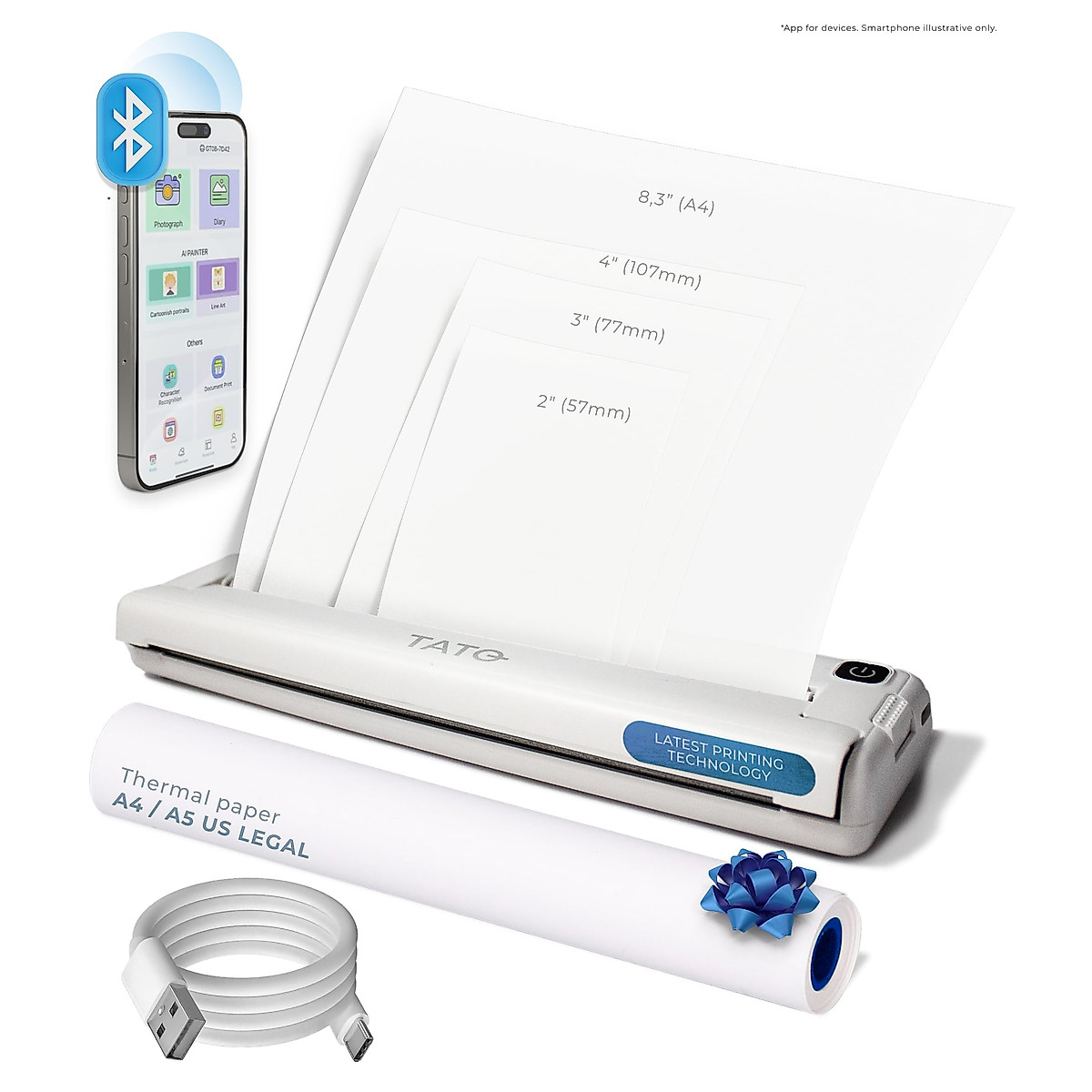 TATO Portable Printer - Portable Printer Wireless for Travel - Small Printer Wireless - No Ink Printer - Travel Printer - Portable Mini Printer - Wireless Bluetooth Printer - Studying Essentials