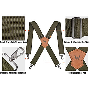 WELKINLAND Green suspenders for men, 2 inch wide suspenders, Work suspenders, Suspenders military, Camo suspenders for men, Suspenders with belt loops, Heavy duty work suspenders