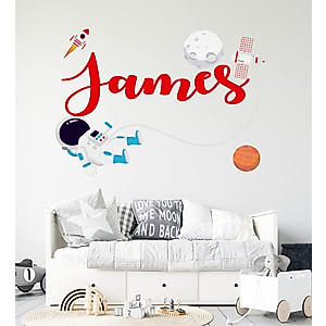 Custom Name Astronaut Wall Decal - Personalized Astronaut Wall Sticker - Spaceship Planet Outer Space Wall Art Mural - Wall Decal for Nursery Bedroom playroom Decoration (Wide 15"x11" Height)