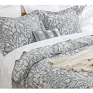DAUAOTO King Size Duvet Cover Set - 104"X90" Cover + 2 Pillow Shams, Cotton Bedding Sets, Bluish Gray Botanic Pattern