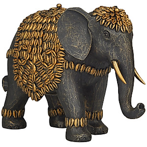 Deco 79 Polystone Elephant Sculpture with Cowrie Shell Carvings, 5" x 10" x 7", Black