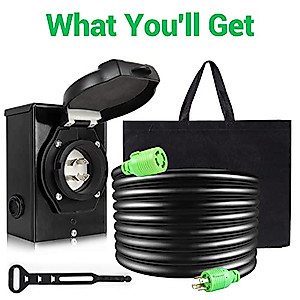 30 Amp Generator Cord and Power Inlet Box, 15FT 4 Prong NEMA L14-30P/L14-30R, 125/250V 7500W, STW 10/4 AWG Generator Extension Cord for Outdoor Use, Waterproof, ETL Listed