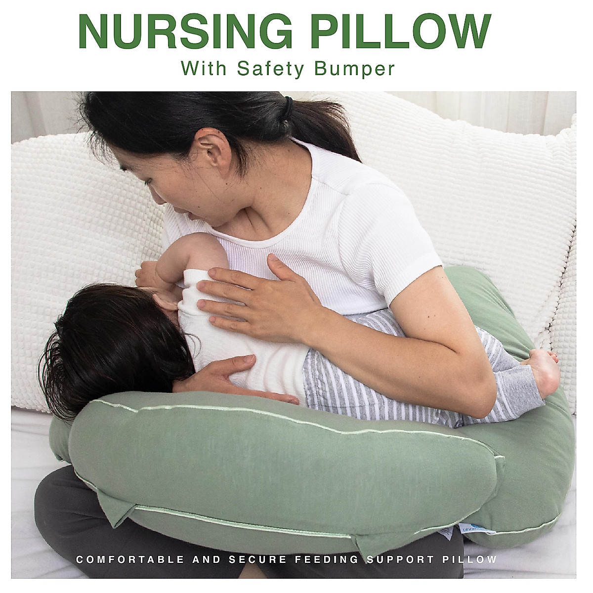 Pharmedoc Nursing Pillow for Breastfeeding - Breast Feeding Pillows with Safety Bumper and Adjustable Waist Straps - Removable Cover, Sage - Baby Essentials for Newborn - Full Support for Mom and Baby