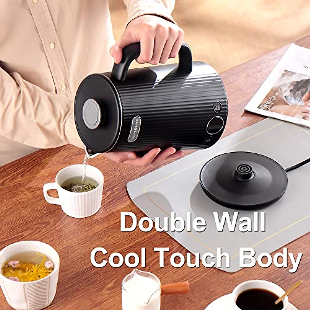 Nueve&Five Electric Kettle with Digital Temperature Display(℉/℃), 1.7L Double Wall Electric Hot Water Kettle, Auto Shut Off, 1200W Seamless 304 Stainless Steel Electric Tea Kettle -Black