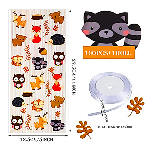 Zonon 100 Woodland Treat Bags Woodland Animal Party Favor Candy Bags Forest Animal Cookie Bags Squirrel Owl Deer Hedgehog Bear Creatures Cellophane Bags for Kids Baby Shower Birthday Party