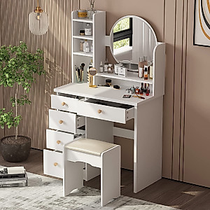 AGOTENI Makeup Vanity Set Dresser Desk with 5 Drawer and Shelf Round Mirror Dressing Table Vanity Set with Cushioned Stool for Bedroom, White