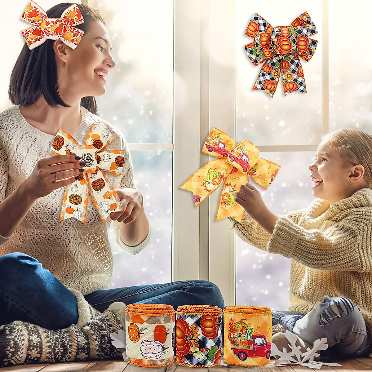 Fall Harvest Ribbon， 4 Rolls 26 Yards Thanksgiving Wired Edge Ribbons， Autumn Pumpkins Wired Edge Ribbon Fall Rustic Vintage Farm Truck Ribbon for Wreaths DIY Crafting Supplies 2.5 Inches