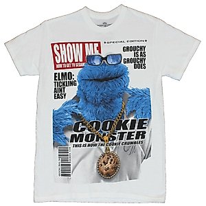 Sesame Street Mens T-Shirt - "Show Me" Cookie Monster Magazine Cover Image (XX-Large) White