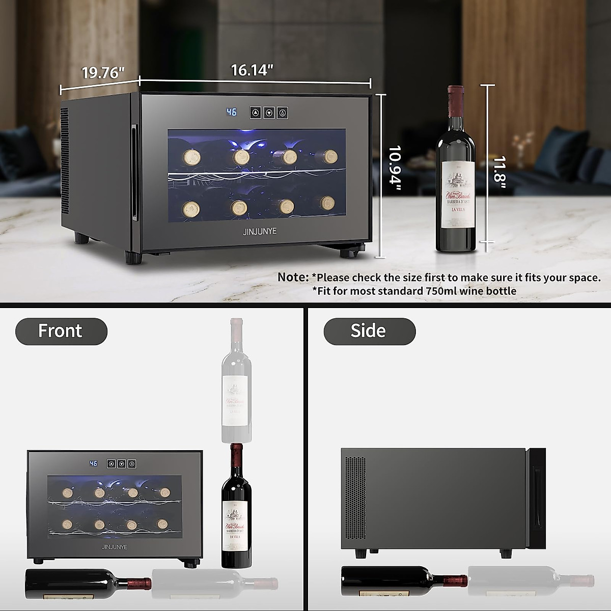 JINJUNYE 8 Bottle Wine Cooler Refrigerator, Wine Fridge Small, Countertop Wine Cooler with Temperature Control, Mini Freestanding Wine Cellar Glass Door for Home, Office, Bar, High-End Gift