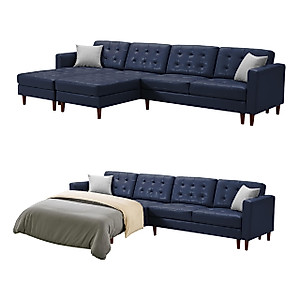 Aoowow Modular Sectional Sofa Convertible U Shaped Sectional Couch, Modern Faux Leather Upholstered Sofa Couch Comfy Sleeper Sofa Set with Reversible Chaise for Living Room(Blue)