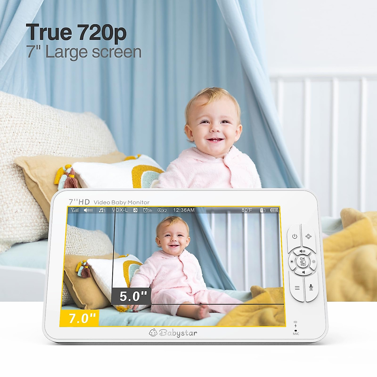 Babystar Baby Monitor, 3.2" Video Baby Monitor with Camera and Audio, Baby Nursery Camera, Two Way Talk, Room Temperature, 7 Lullabies, 960ft Range and Keep Eyes on Babies with Night Vision