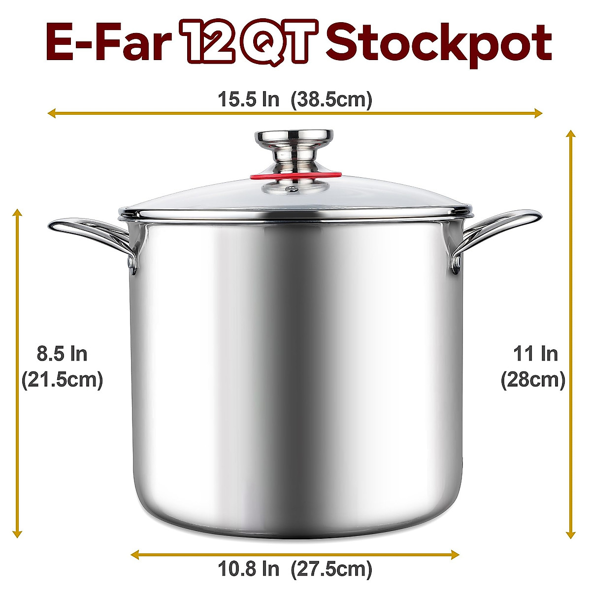 E-far 12 Quart Stock Pot with Lid, Large Stainless Steel Stockpot for Induction Ceramic Gas Stoves, 18/10 Tri-ply Cooking Pot for Soup Stewing Simmering Canning, Heavy Duty & Dishwasher Safe