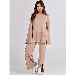 ANRABESS Womens 2 Piece Outfits Oversized Knit Sweater Set Wide Leg Pant Cozy Lounge Matching Pajama Sets 2024 Trendy Clothes Deep Apricot X-large