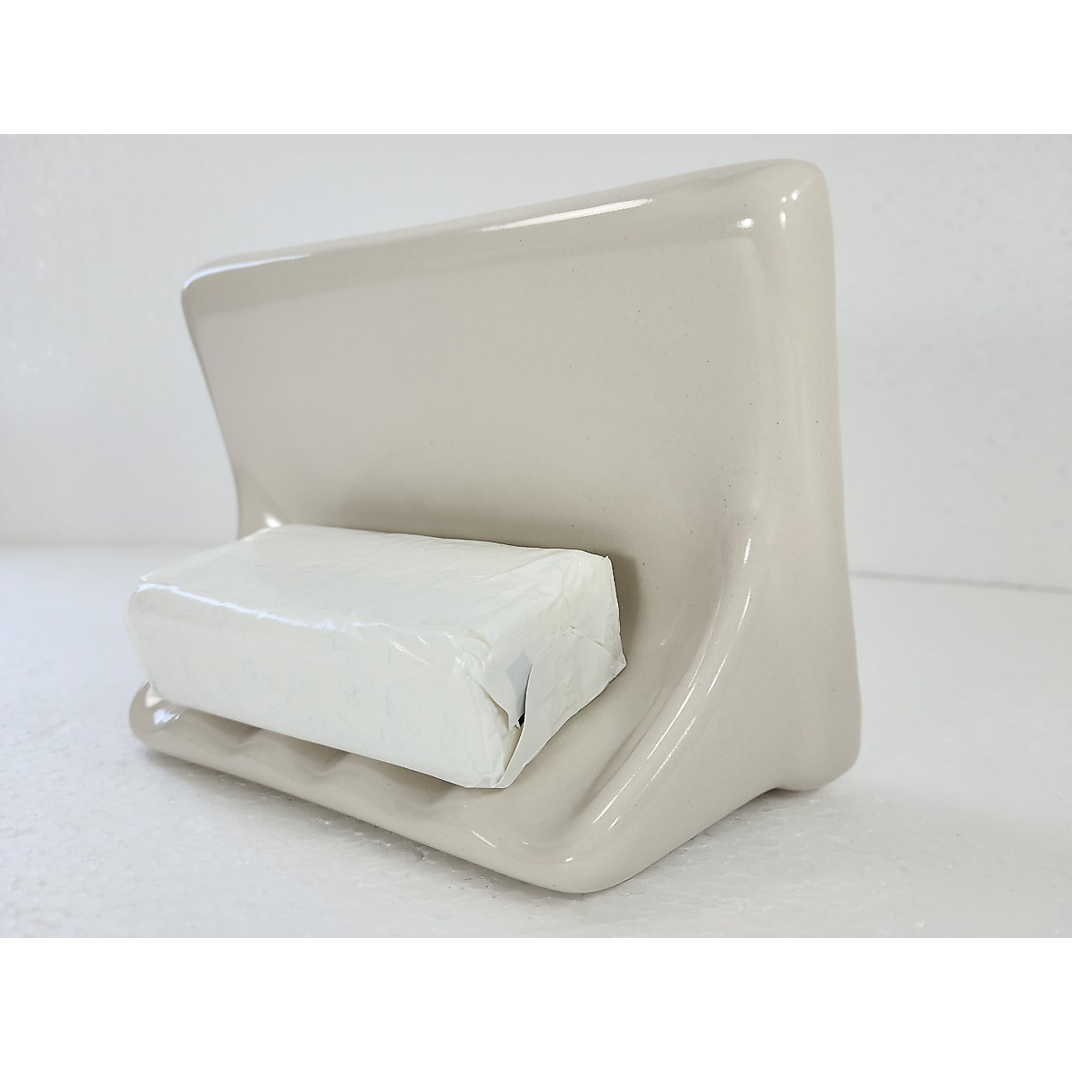 Beige Bone Almond Ceramic Soap Dish Shower Tray Tile in Installation Vintage Mid Century Modern Retro